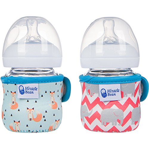 4oz (Set of 3 pcs) Miracle Bean Neoprene Baby Bottle Sleeves – Adjustable Sleeves. Glass Bottles – Improved Heat/Cold Retention – Moisture, Non-Slip Grip – Fox, Elephant and Heather Grey