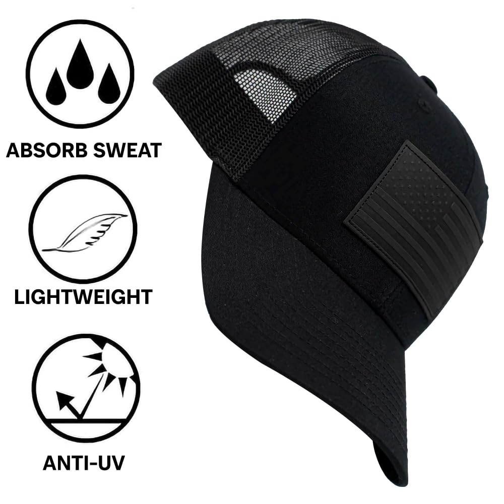 13 STRIPES American Flag Hat β Leather Patch Mesh Back Snapback Hat for Men & Women USA Flag Trucker Hat, Casual Unisex Hat - Blackout
