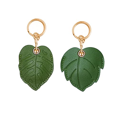 2 Pack Leather Airtag Keychain Case Holder, Cute Kawaii Accessories Suitable for Airtag (2 Types of Leaves)