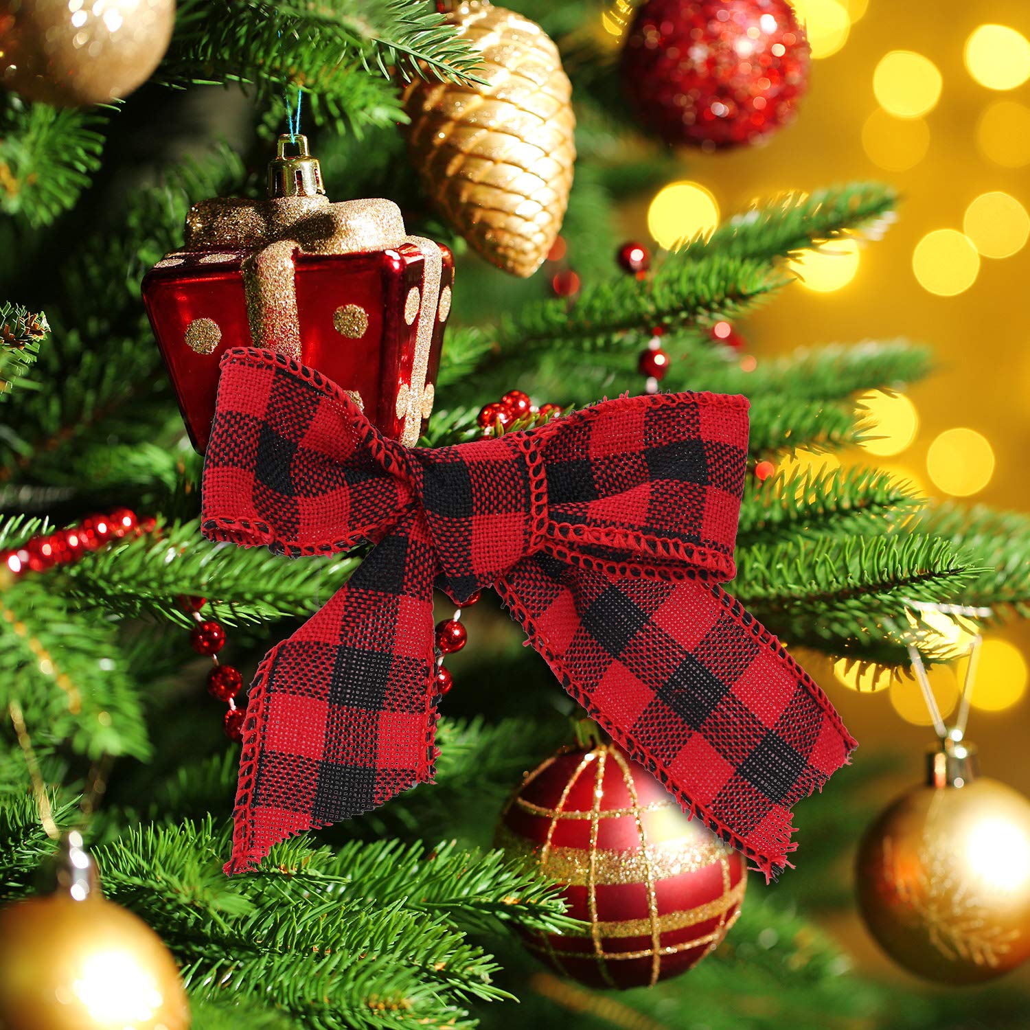 3 Rolls Buffalo Plaid Burlap Wired Ribbon Weave Ribbon with Wired Edge Bows Craft Decoration for Big Bow Wreath Tree Decoration Outdoor (Black and Red Plaid,2.4 Inches)