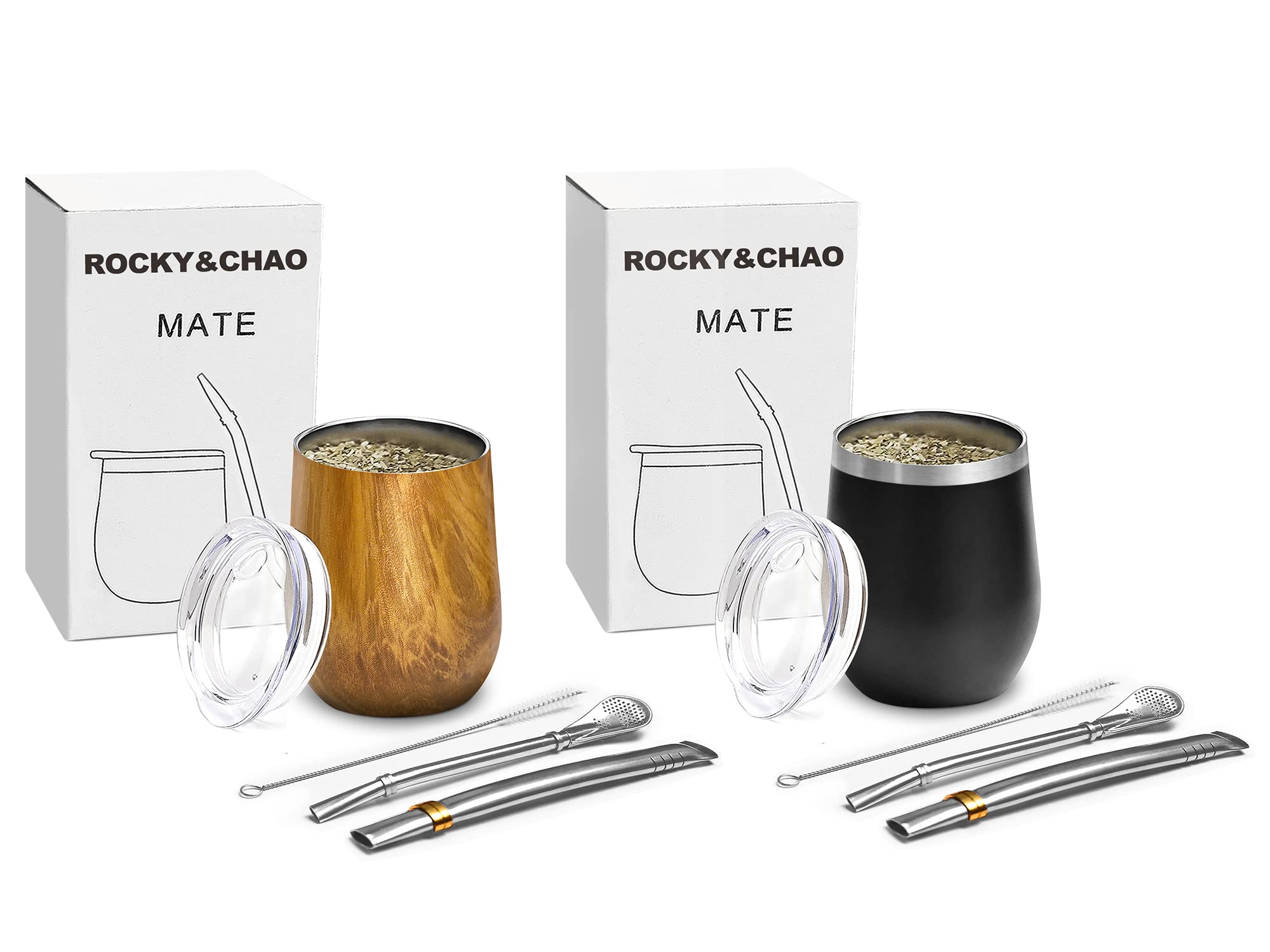 2 Pack 8 Ounces Modern Mate Cup Yerba Mate Tea Cup Set - Including Two Bombilla (Yerba Mate Straw), Lid & Cleaning Brush, Mate Cup for Drinking - Stainless Steel, Double-Wall (Black and Brownļ¼