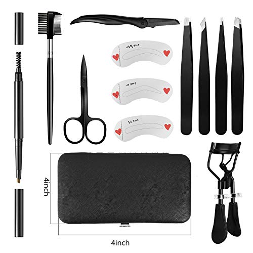 13Pcs Eyebrow Kit with Eyelash Curler, Eyebrow Grooming Trimming Kit with Eyebrow Razor Comb Scissors Tweezers Pen Stencil Shaper for Women Black