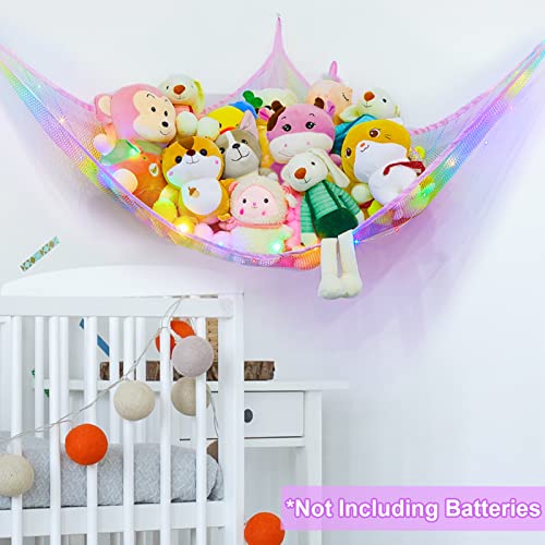 Basumee Stuffed Animals Net or Hammock with LED Light Hanging Toy Net Hammock for Stuffed Animals Storage Stuff Animals Hammocks for Nursery Kids Room with Remote Control, 8 Kinds of Lights, Rainbow