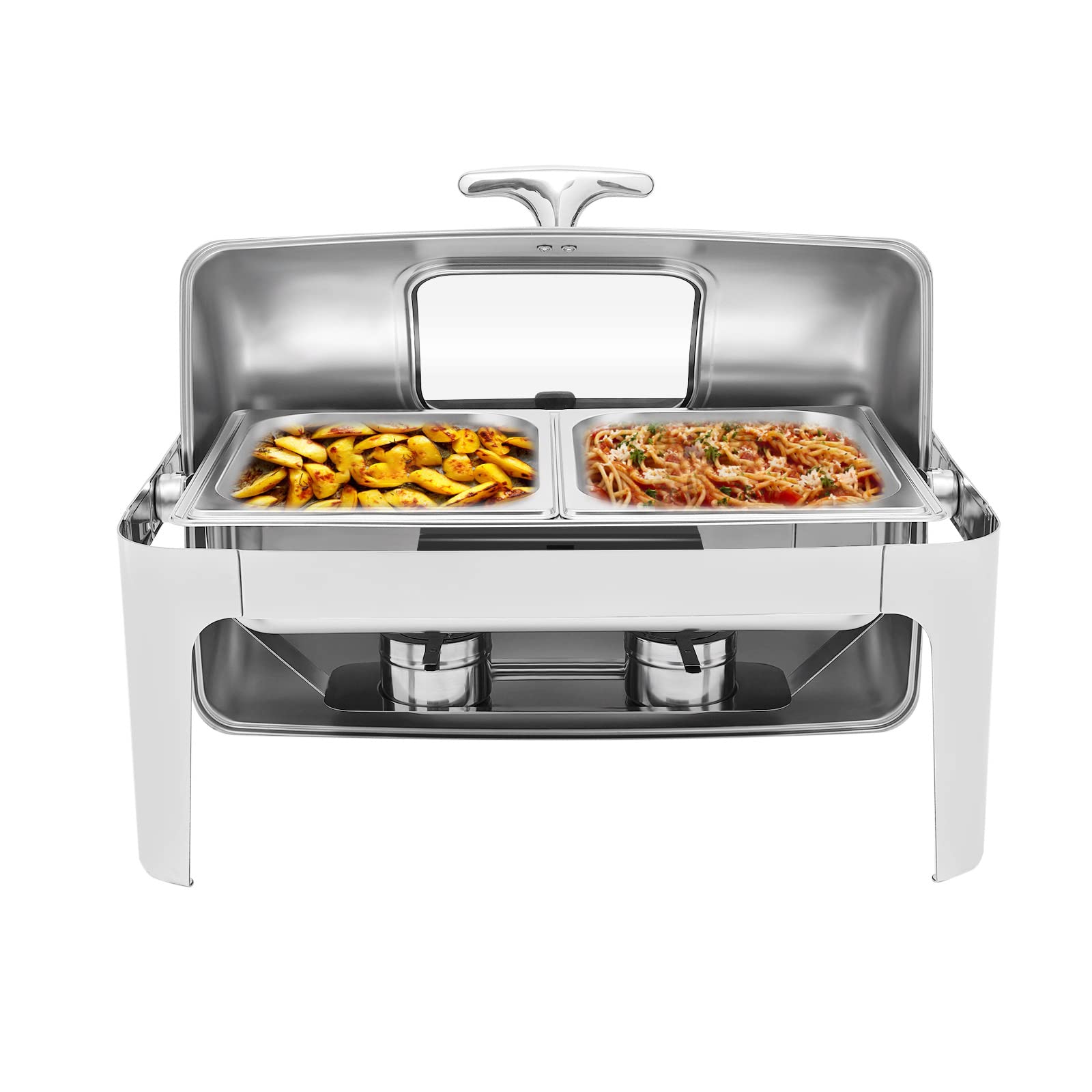 14.26Qt Stainless Steel Chafing Dish Buffet Set with Visible Roll Top Chafing Dishes Buffet Set Retangle with Rolling Top 2 Detachable Food Pans Catering Food Warmer for Hotels Party Wedding