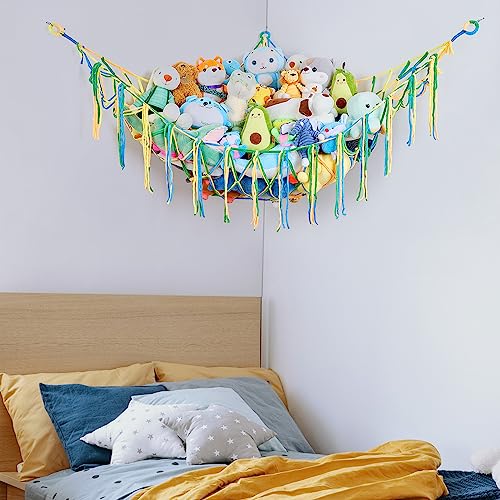 Basumee Stuffed Animals Net or Hammock Toy Storage Organizer Toy Hammock Hanging Stuffed Animals Storage Holder with Tassels for Nursery Kids Bedroom Room Wall Décor, Yellow-Green