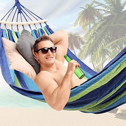 HappyGo Camping Hammock Canvas Fabric Hammock 550lbs with Anti Roll Balance Bar and Tree Strap Cotton Hammock for Camping, Backyard, Garden, Beach, Patio Gift