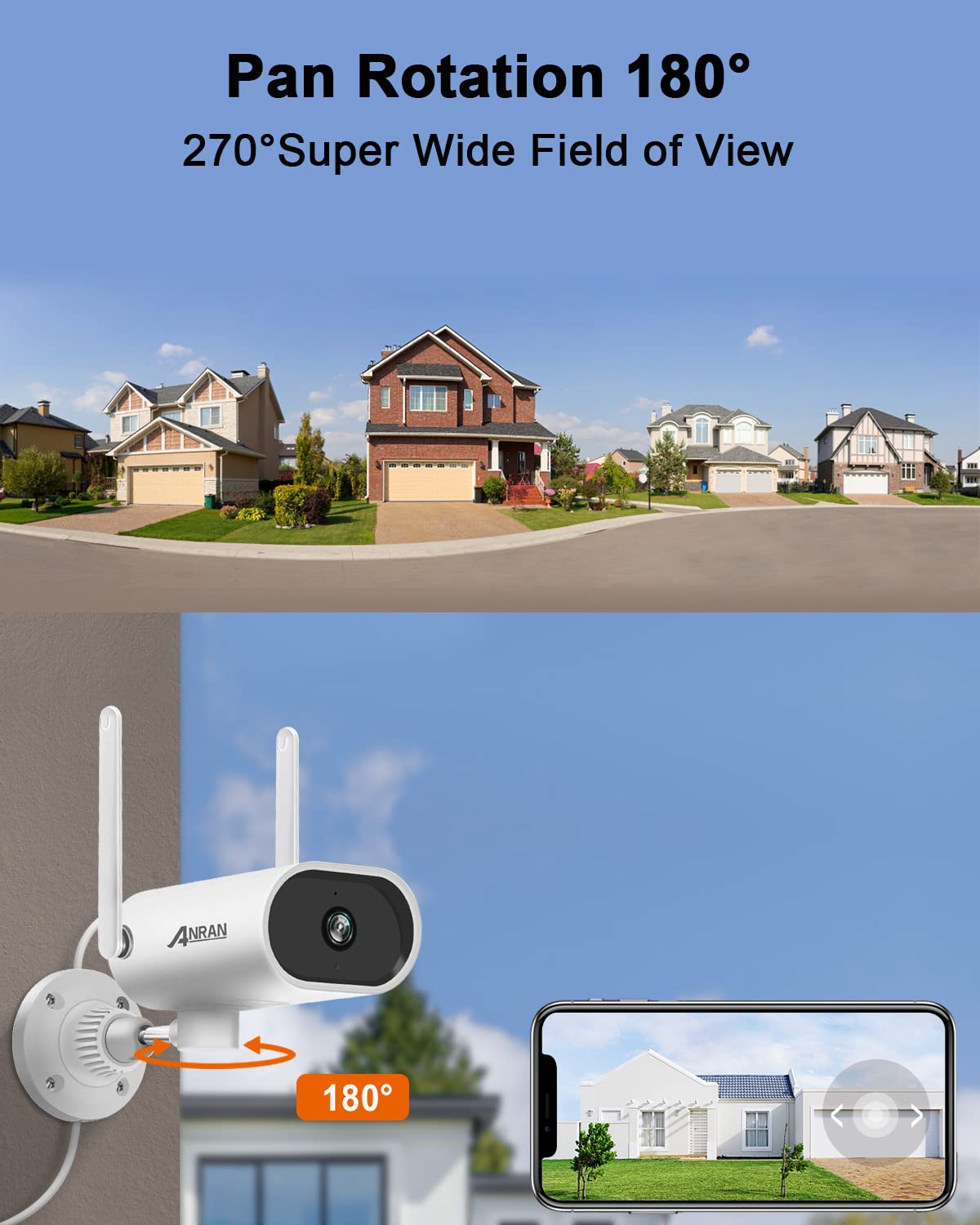 ANRAN Security Camera Outdoor with Pan Rotation 180° Feature, 1080P WiFi Outdoor Security Cameras for Home, IP65 Waterproof, Plug-in Power, 2.4G WiFi, SD and Cloud Storage, B4 White