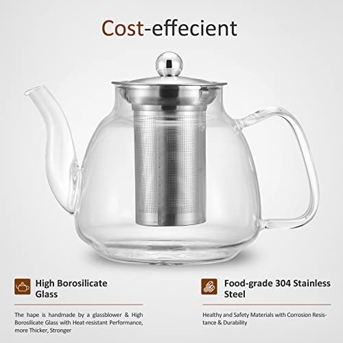 42oz/1250ml Glass Teapot, Glass Tea Kettle with Removable Stainless Steel Infuser, Stovetop Safe Tea Pot for Blooming and Loose Leaf Tea, Tea Maker Gift