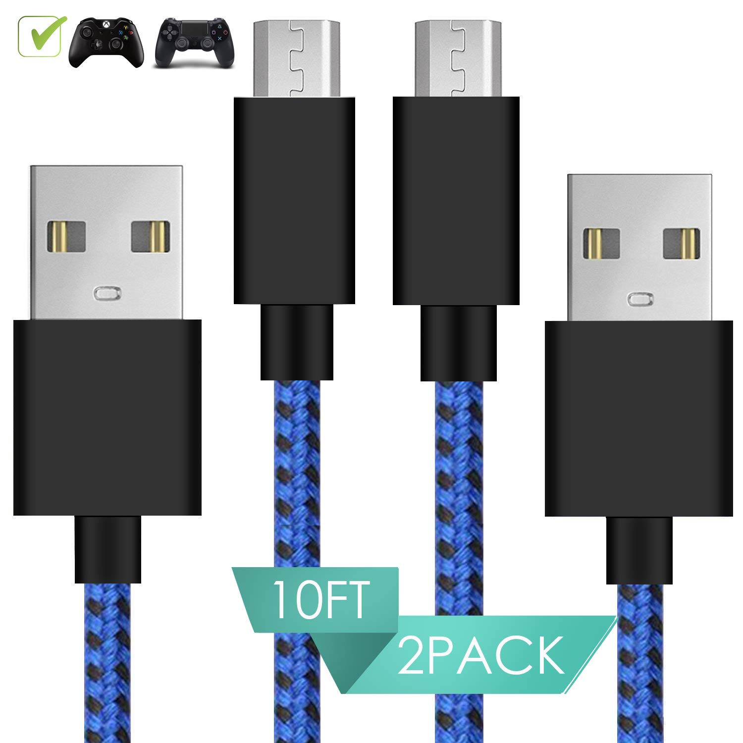 2 Pack 10FT/3M PS4 Controller Charging Cable, Micro USB Charger Sync Cord for Sony PS4 PS4 Pro/Slim Controller, Microsoft Xbox One S/X Controller, Galaxy S7, S7 Edge, S6 and More,Blue