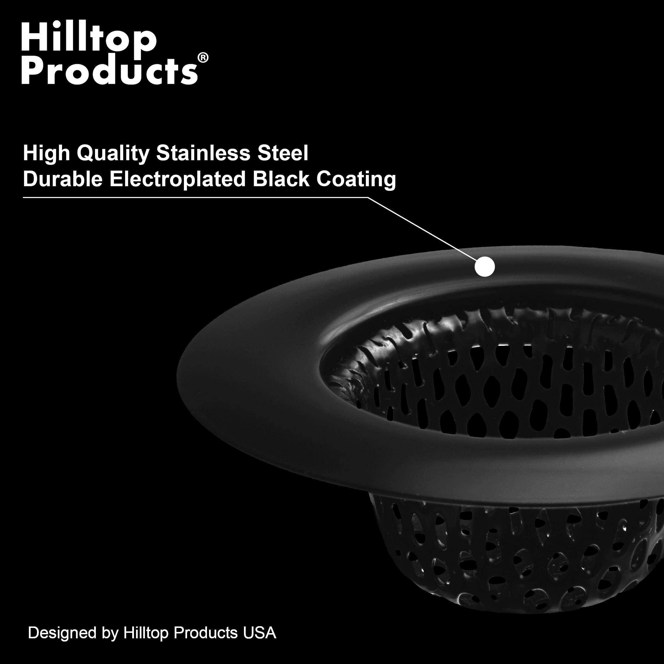 2 Pack - 2.25" Top / 1" Basket- Black Sink Strainer Bathroom Sink, Utility, Slop, Laundry, RV and Lavatory Sink Drain Strainer Hair Catcher. Stainless Steel with Black Electroplated Coating