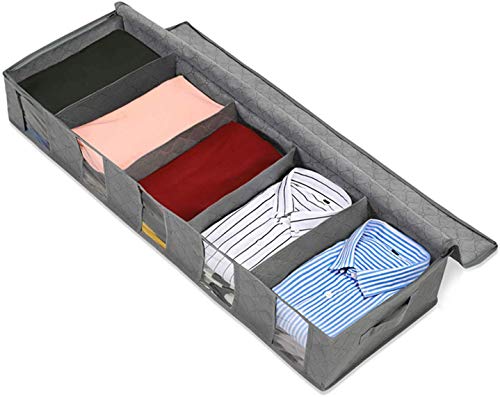 Apstour Under Bed Clothes Organizer Large Adjustable Dividers Storage Bag with Durable Fabric, Reinforced Handle, 4 Clear Window for Clothing, Shoes, Blankets, Sweaters, Toys (grey, 2)