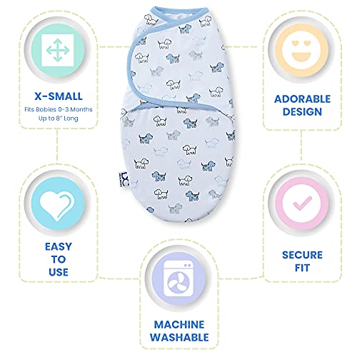 Delta Children Little Lambs Adjustable Swaddle Wrap - 100% Cotton - Size Extra Small, Fits Babies 0-3 Months/4-7 lbs., 1-Pack, Boy, Blue