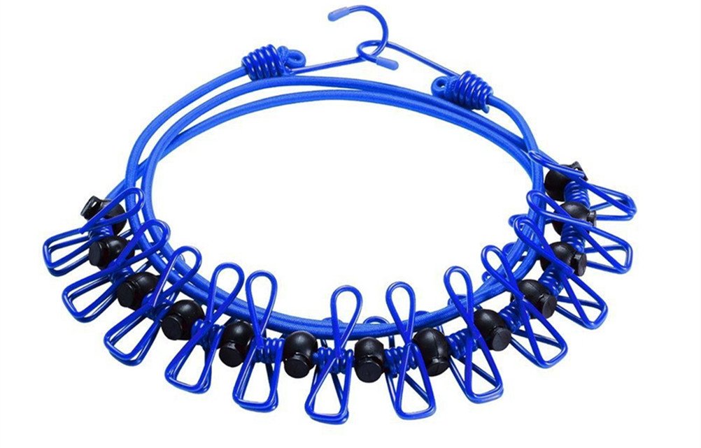2 Pack 11 Feet Windproof Clothesline with 12 Blue Clips, Adjustable Clothes Line for Home, Travel and Outdoor Hanging Clothes