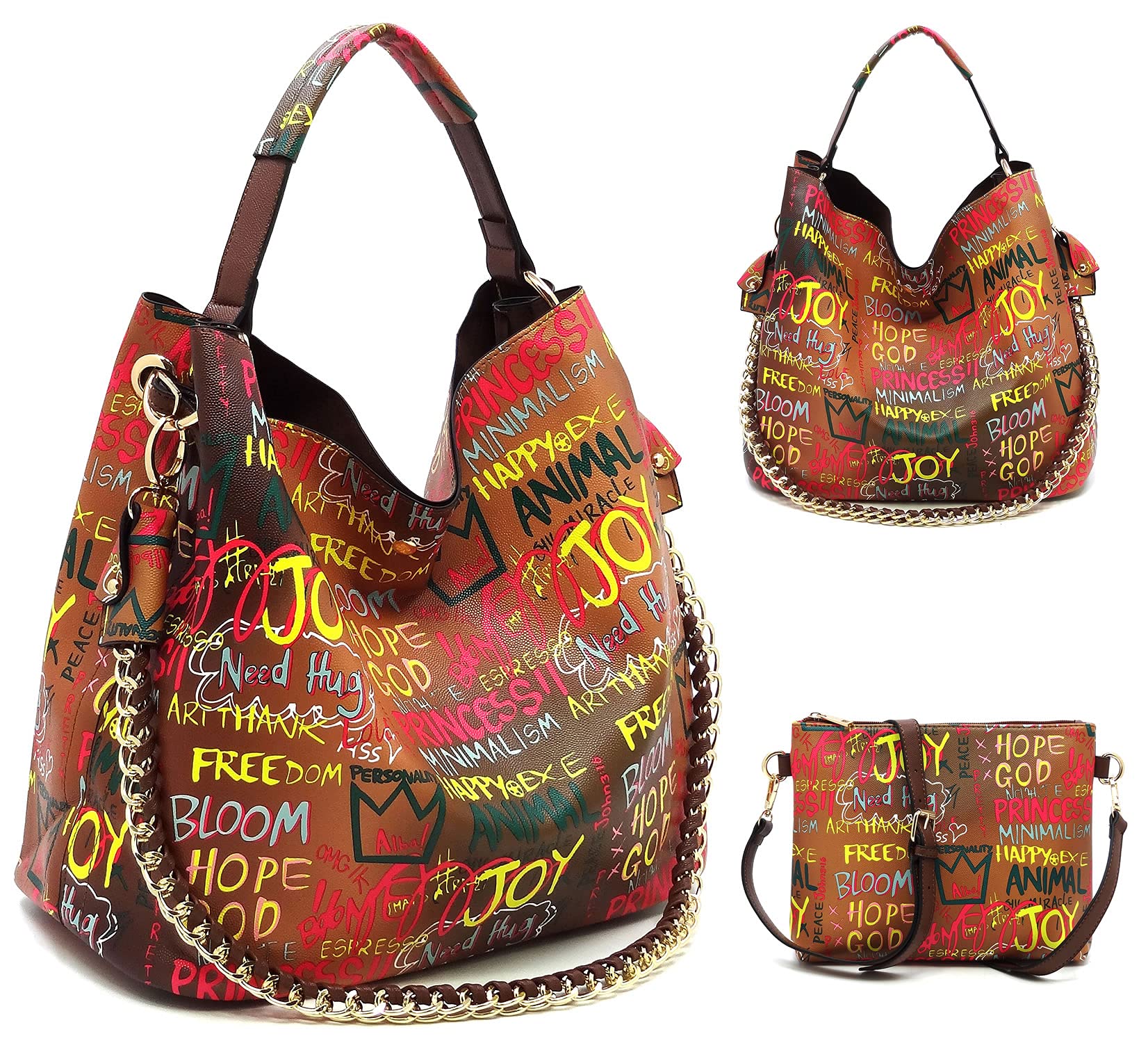2pcs Set Multicolor Graffiti Printed Bucket Chian Strap Hobo Shoulder Bag & Crossbody Bag 2-in-1 Set Bag (Tan/Yellow)