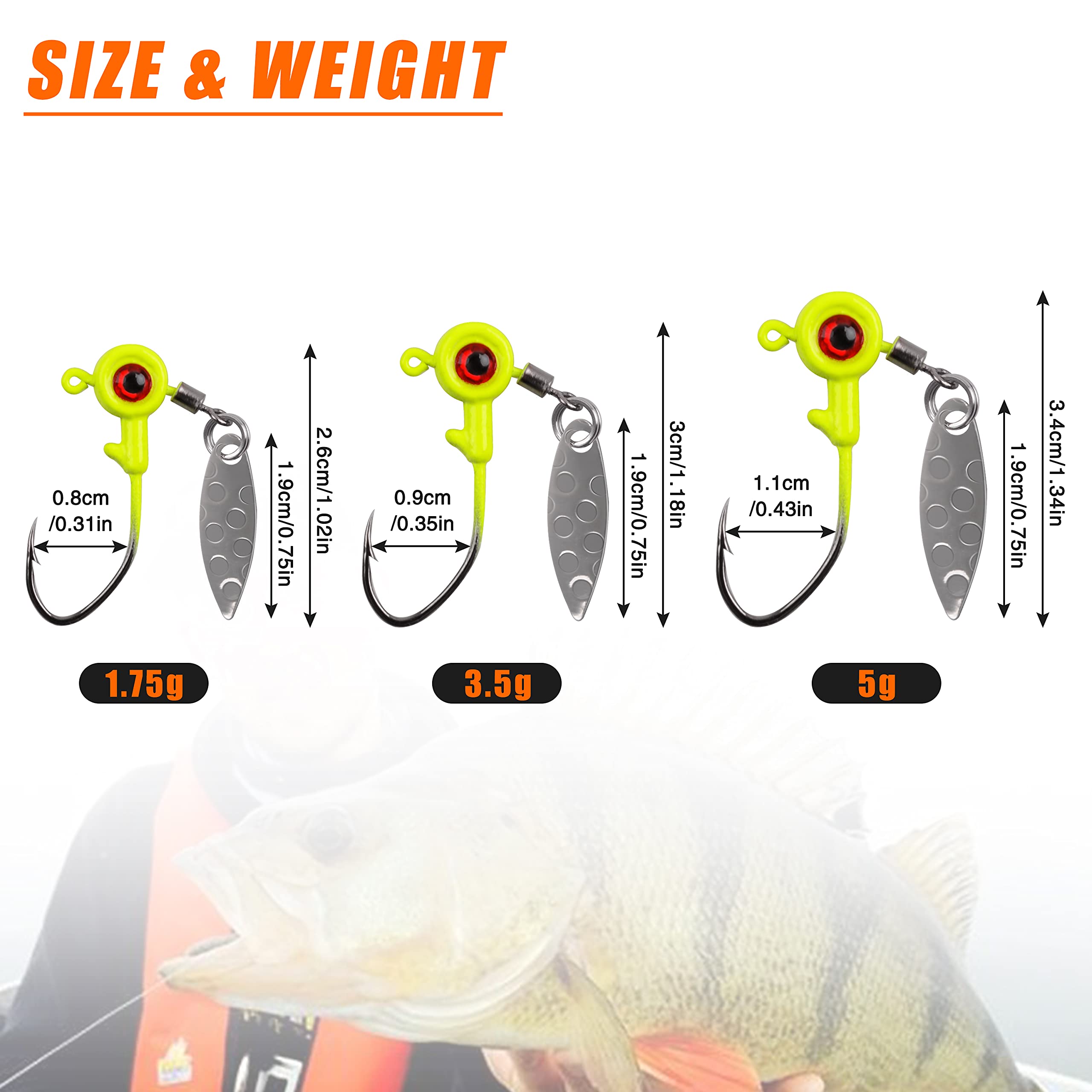 10Piece Fishing Jig Head with Willow Blade 3D Eyes Fishing Jigs Spoon Weighted Head Spin Jig Hook Lure Kit for Panfish Crappie