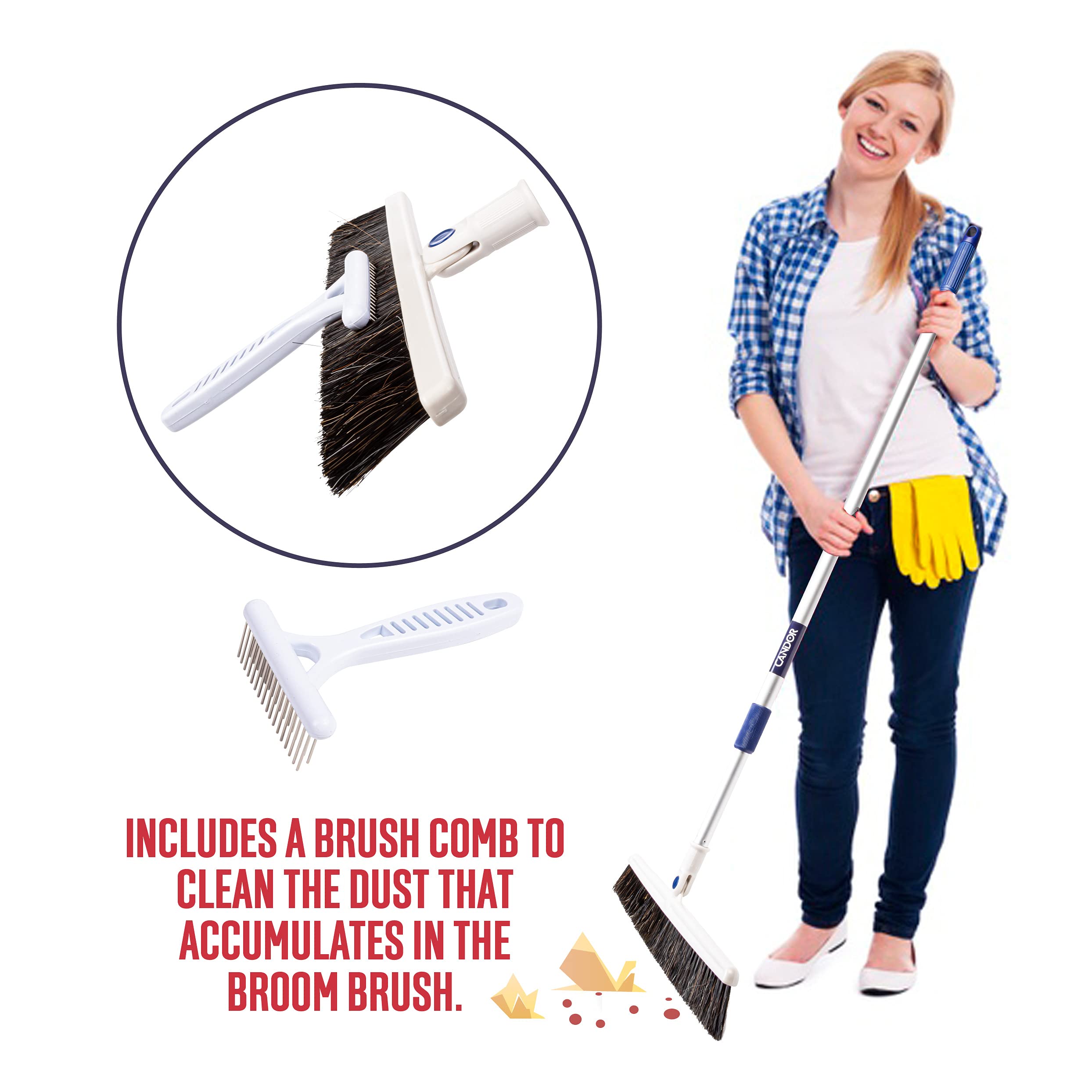 Candor Rotatable Push Broom | 63 Inch Long Lightweight Flexible Cleaning Brush Swiftly Glides Under Beds, Tables, Sofas, Ovens | Also Includes A Handy Brush to Clean The Broom | 18 Inch Head