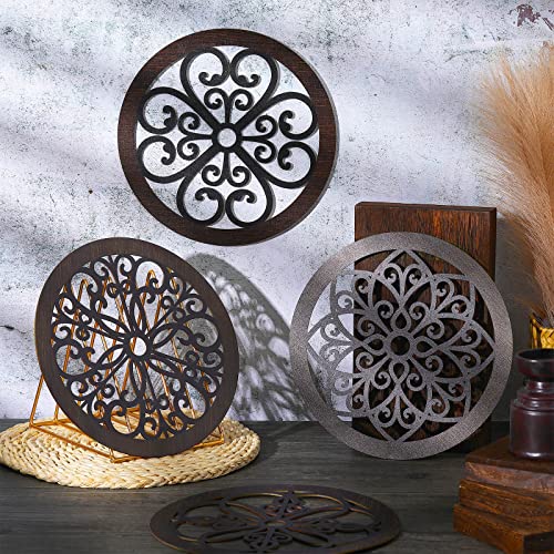 4 Pieces Thicken Rustic Wall Decor Farmhouse Wall Art Decor Wooden Hollow Carved Design Rustic Round Wall Art for Living Room Bedroom Hallway Decor Office Kitchen Wall Decoration (Black, Brown)