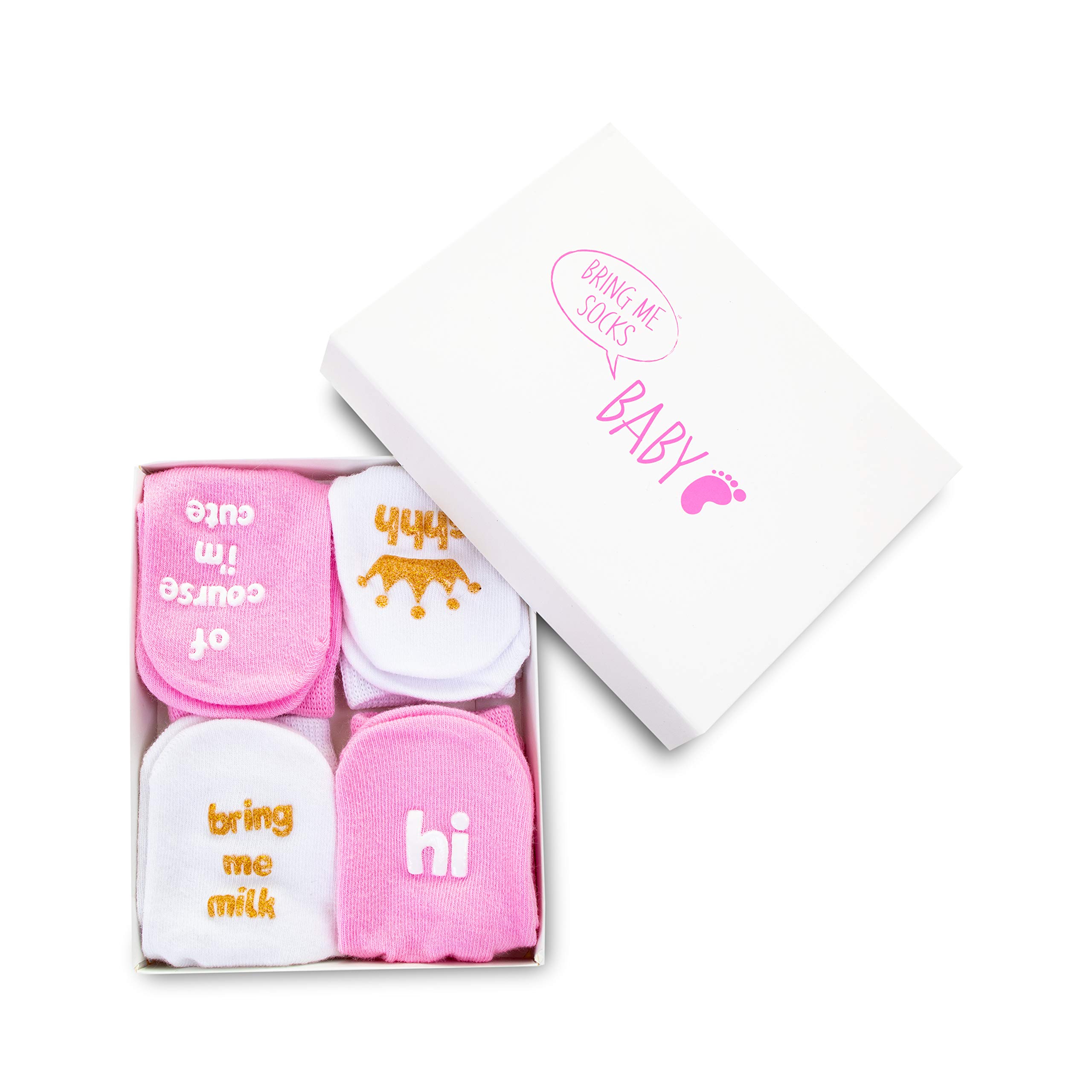 Baby Girl Socks Gift Set - Unique Baby Shower or Newborn Gift For Her - 4 Pairs of Cute Quotes in Gift Box