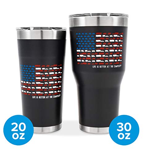Camco Life is Better at The Campsite Stainless Steel 20 oz. Tumbler with Double Wall Insulation | Great for Hot and Cold Drinks | Charcoal with US Flag Print (53065)