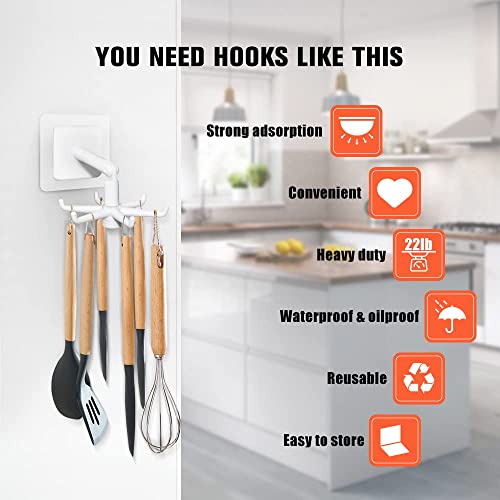 6 Pack Heavy Duty Under Cabinet Utensil Holder Hanger Hook, 360 Degrees Rotating Folding Hook Self Adhesive Hook Utensil Rack with 6 Hooks for Bathroom, Kitchen and Home (White)