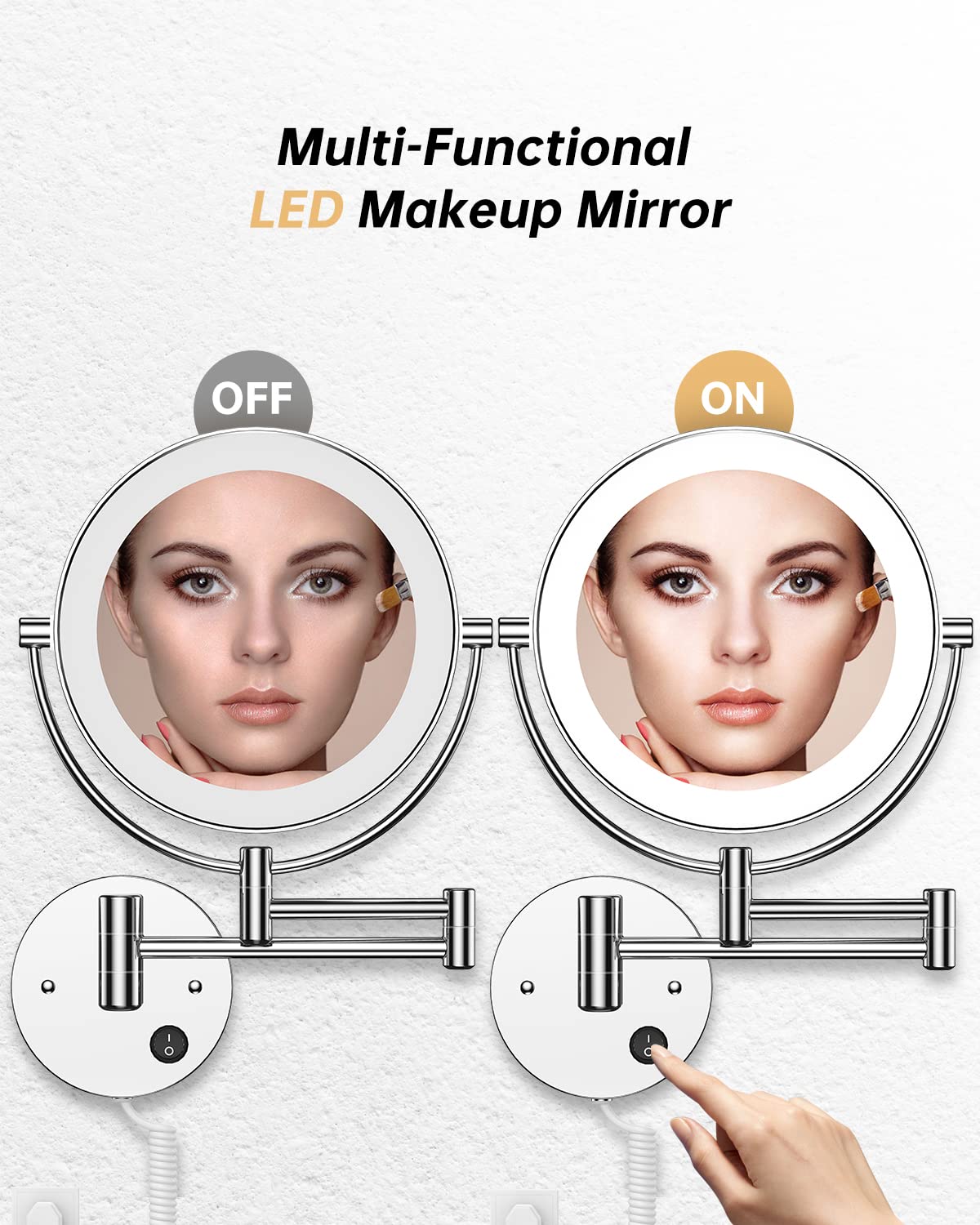 Gospire 8.5" Wall Mounted Lighted Magnifying Mirror, 1X/10X Double-Sided Magnification Round LED Cosmetic Vanity Bathroom Mirror Extendable Arm 360° Swivel for Shaving Makeup