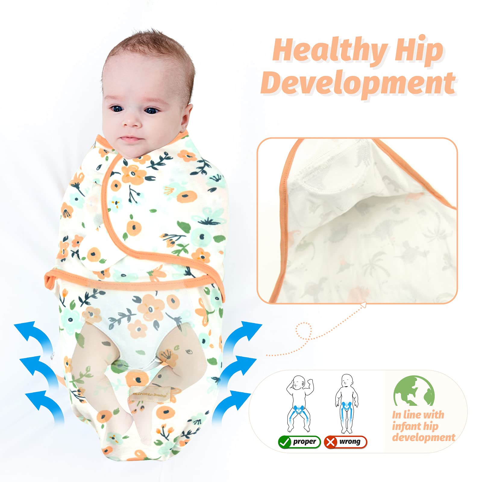 3 Pack Newborn Swaddle Blanket Adjustable Wrap Receiving Blanket Baby 100% Cotton Sleep Bag (0-3 Months, Flower + Green Dots + Pink)
