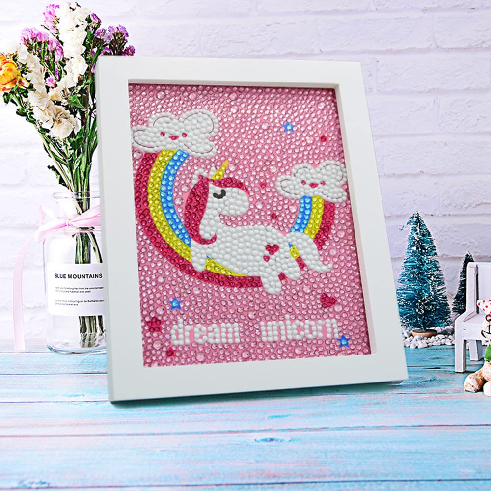5D Diamond Painting Kits for Kids Wooden Frame Diamond Arts and Crafts for Kids Mosaic Gem Stickers by Number Kits DIY Painting Arts Crafts Gift for Ages6-8-10-12 (Unicorn)Gift for Children's Day
