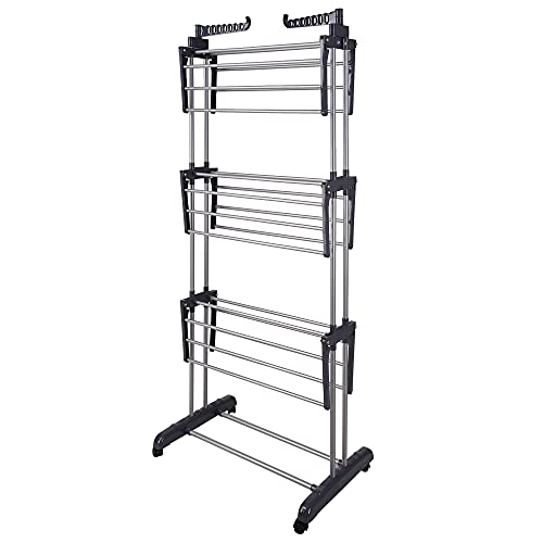 Aquaterior Folding 3 Tier Clothes Drying Rack Rolling Collapsible Garment Laundry Dryer Hanger Stand Rail Indoor Dark Grey