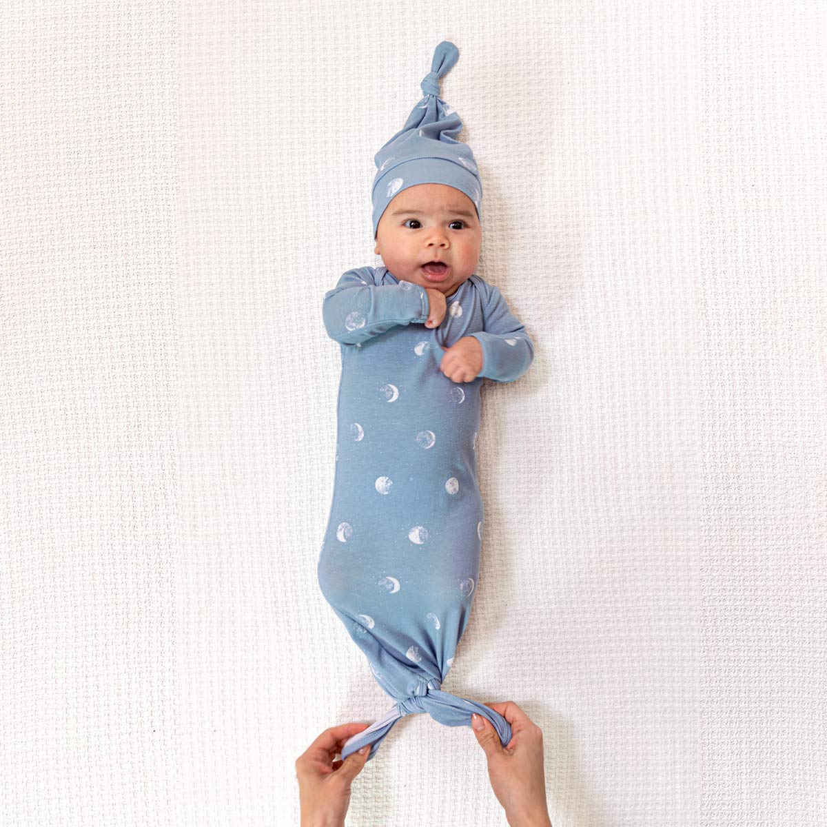 aden + anais Comfort Knit Knotted Newborn Baby Gown and Hat, Super Soft Cotton with Spandex, Infant Gown with Fold Over Mitten Cuffs, 2 Piece Set, 0-3 Months, Blue Moon
