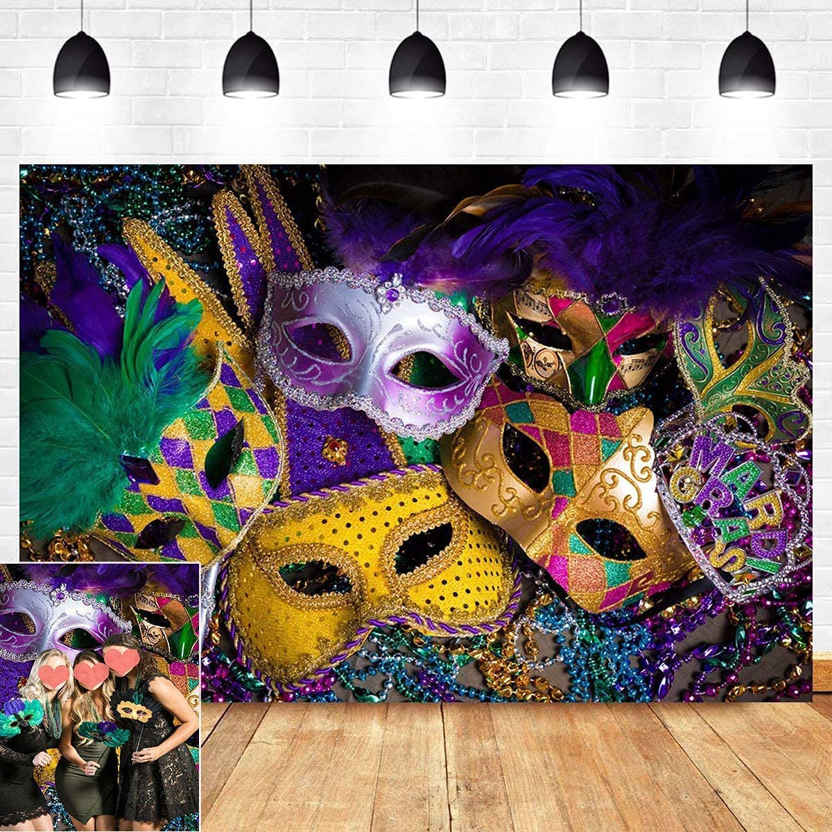 Mardi Gras Beads Photography Backdrop for Mask Prom Dance Decorations Gold Green Purple for Carnival Masquerade Ball Birthday Party Banner Supplies Photo Background Vinyl 5x3ft Photo Booth Props