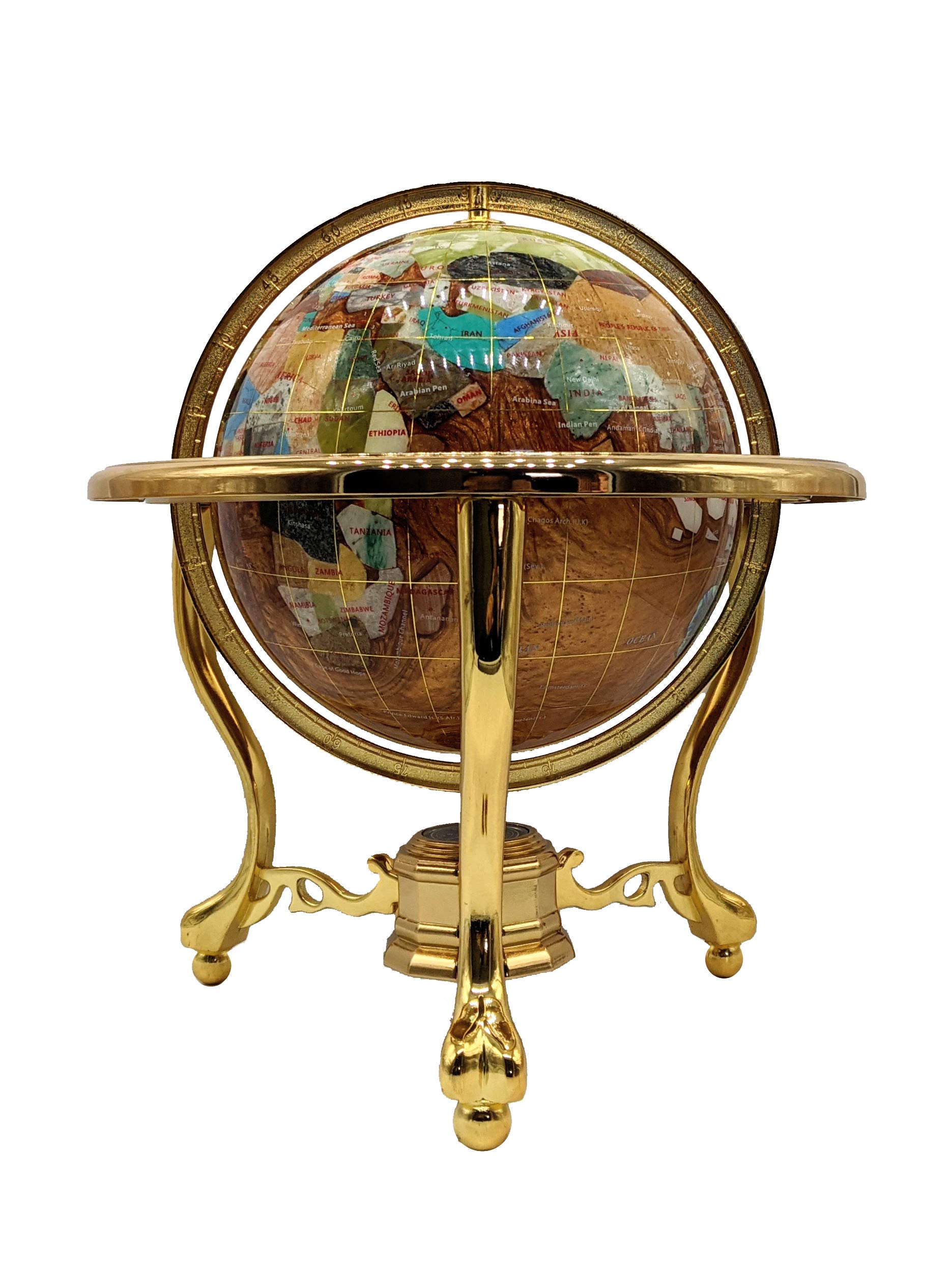 14" Tall Amber Pearl Gold Stand Gem Gemstone World Map Globe Globes Maps