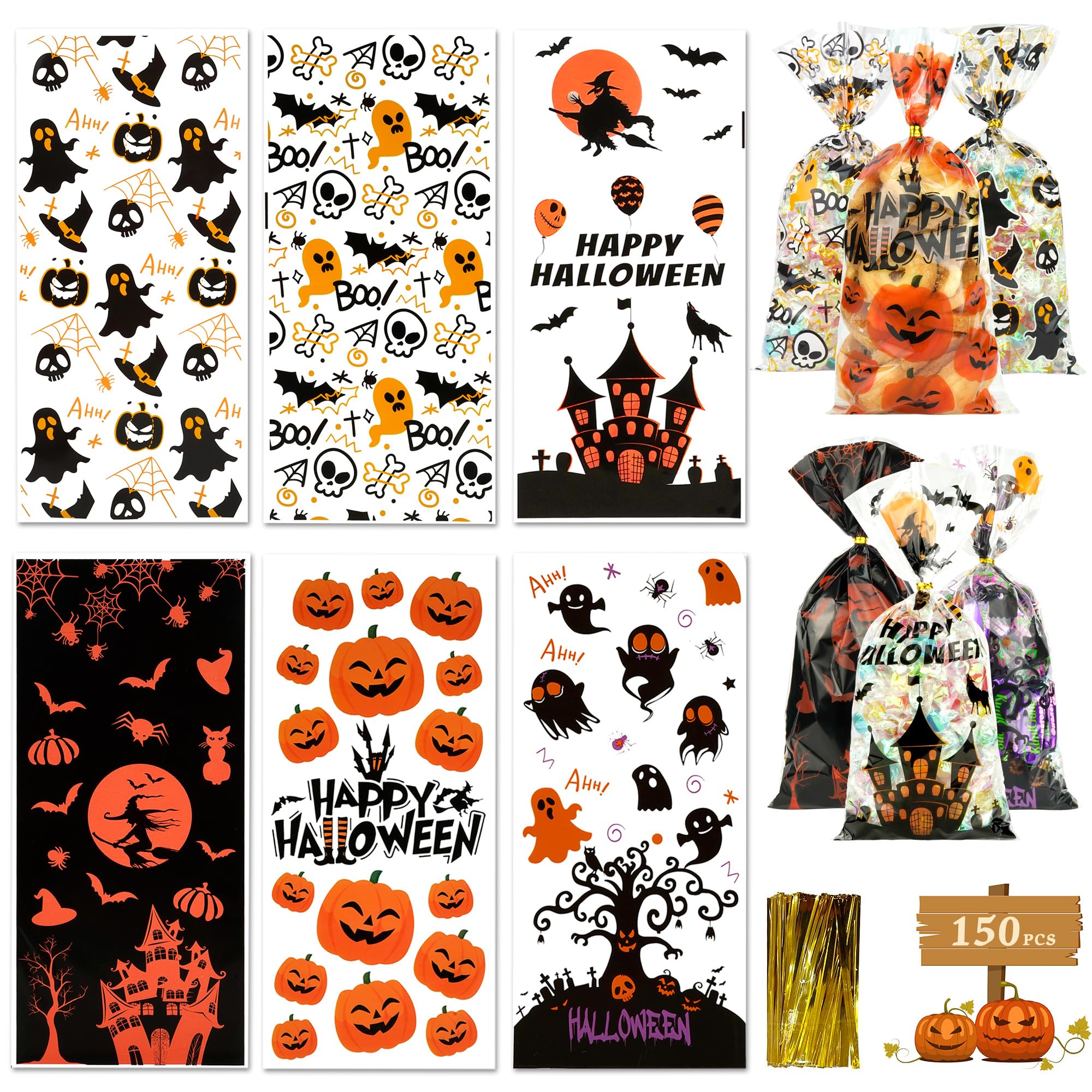 150 Pcs Halloween Cellophane Treat Bags for Kids with Twist Ties, 6 Styles Clear Candy Cookie Bags for Trick or Treat, Goodie bags for Halloween Party Favors Supplies