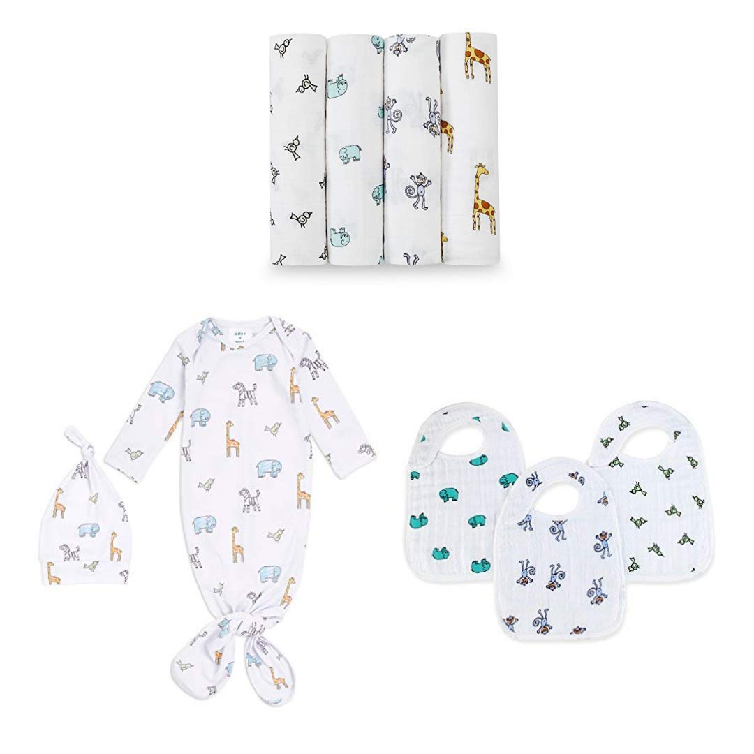 aden + anais Jungle Jam Bundle - Classic Swaddle Blanket 4 Pack - Comfort Knit Knotted Newborn Baby Gown and Hat - Classic Snap Baby Bib 3 Pack