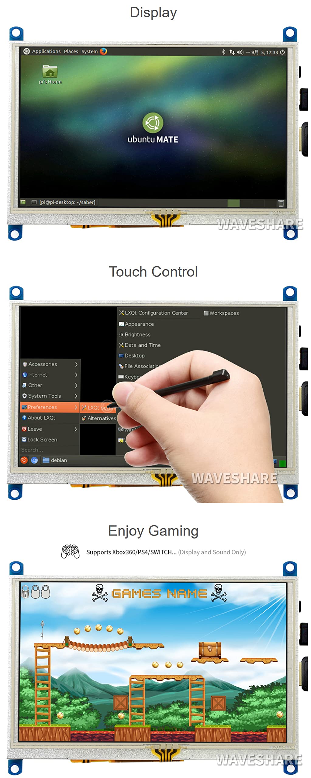 5inch 800x480 Resistive Touch Screen LCD Display Monitor HDMI Interface Supports Raspberry Pi 4 3 2 Model B A+ B+ BB Black Banana Pi Supports Game Console XBOX360 Sony PS4 Nintendo Switch @XYGStudy