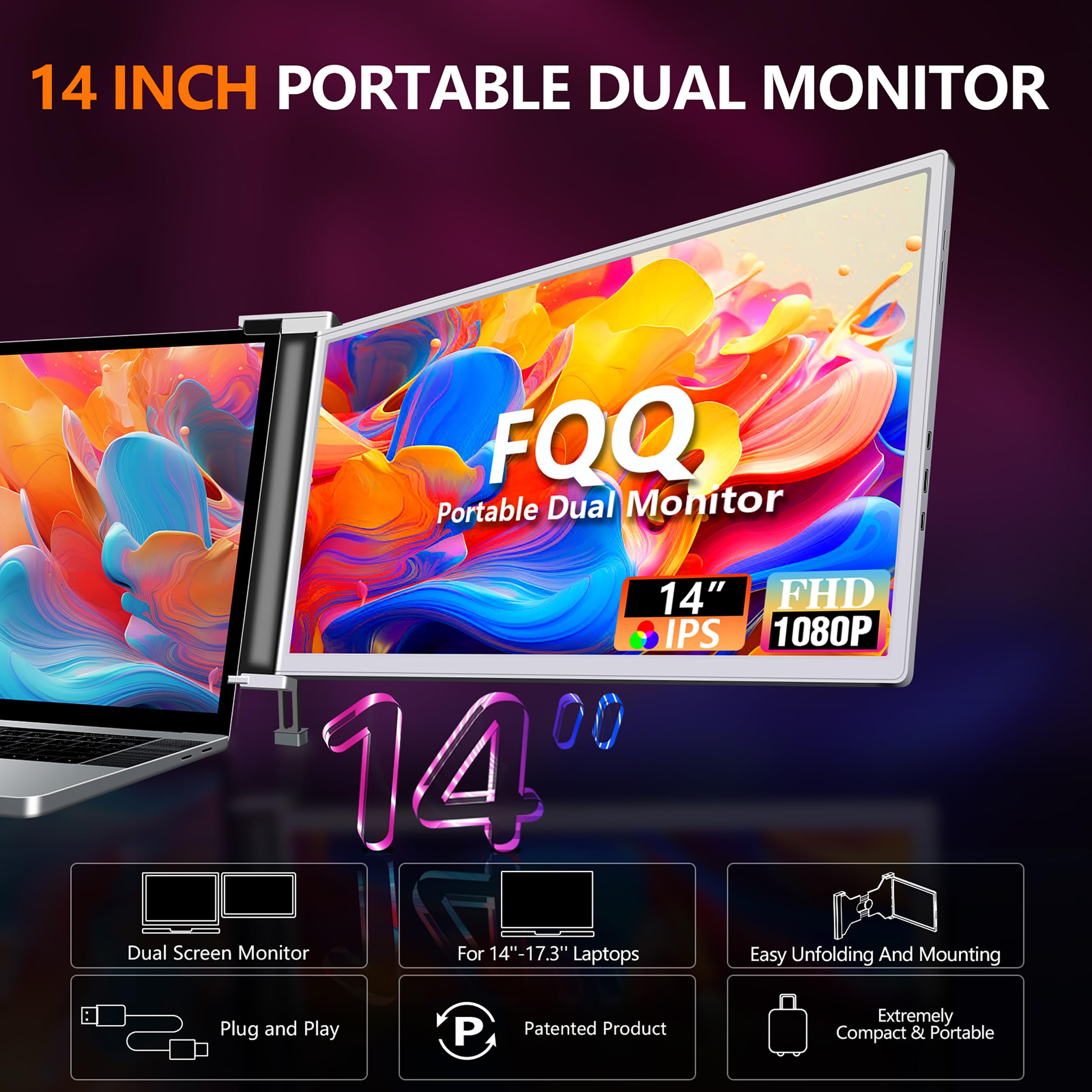 14β Dual Laptop Monitor Extender- FHD 1080P IPS Portable Screen Extender with USB-C & Mini HDMI Port, Plug & Play, Easy to Carry, Lightweight Side Screen for 14-17.3β Laptops, Switch, Xbox