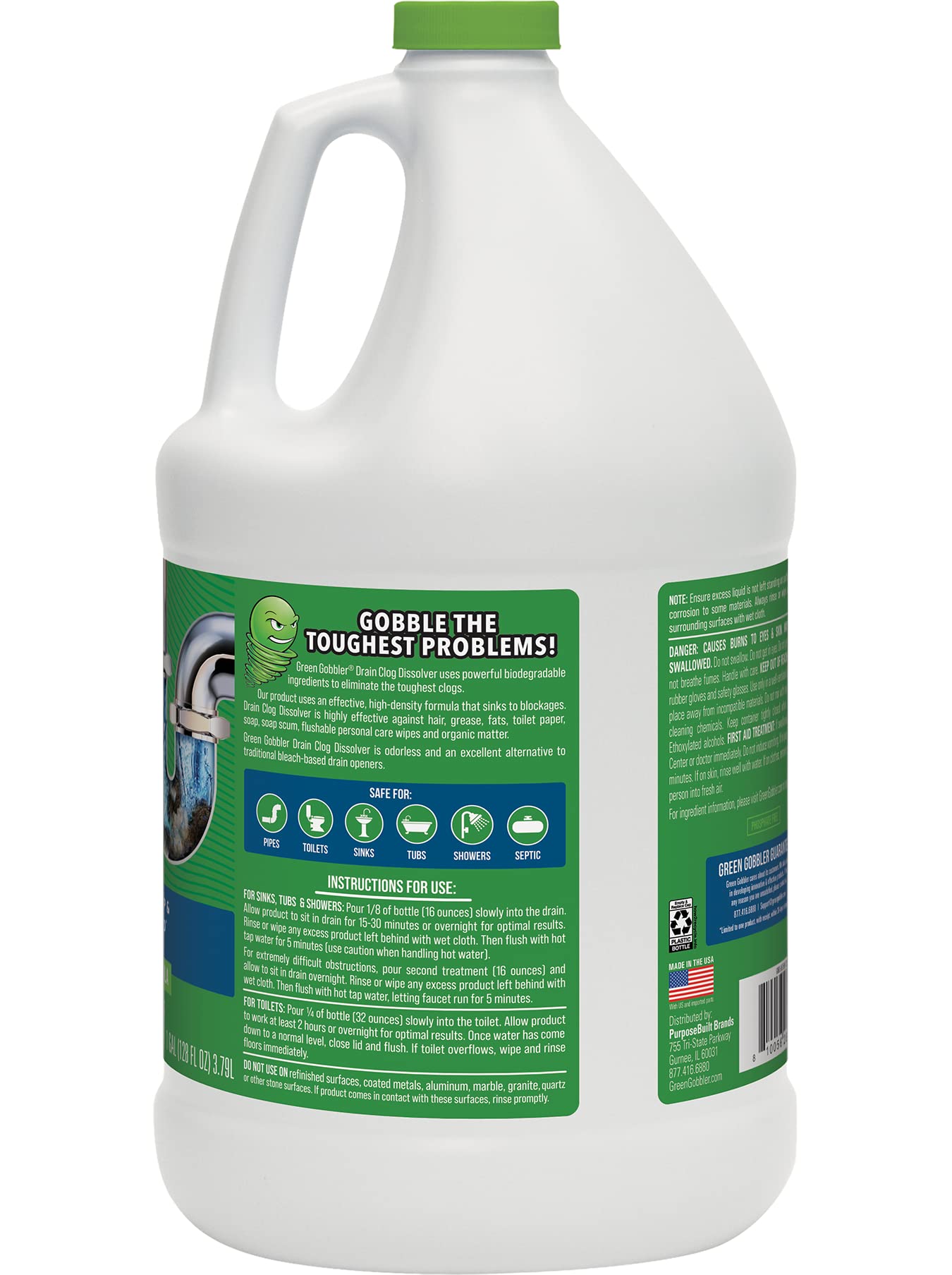 Green Gobbler Drain Clog Remover | Toilet Clog Remover | Dissolve Hair & Organic Materials from Clogged Toilets, Sinks and Drains | Drain Cleaner and Opener, 128 oz
