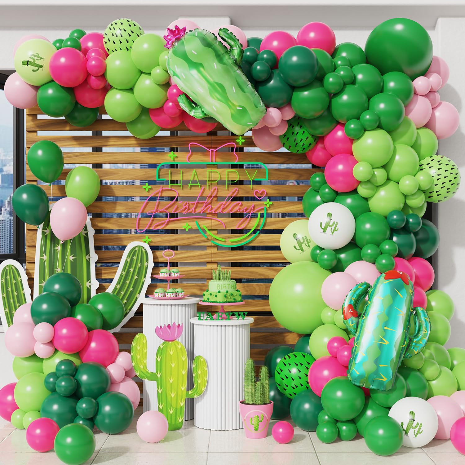 144Pcs Cactus Fiesta Balloon Arch Garland Kit Hot Pink Green Cactus Foil Balloons for Mexican Cactus Taco Birthday Party Summer Jungle Hawaiian Luau Succulent Tropical Party Decorations