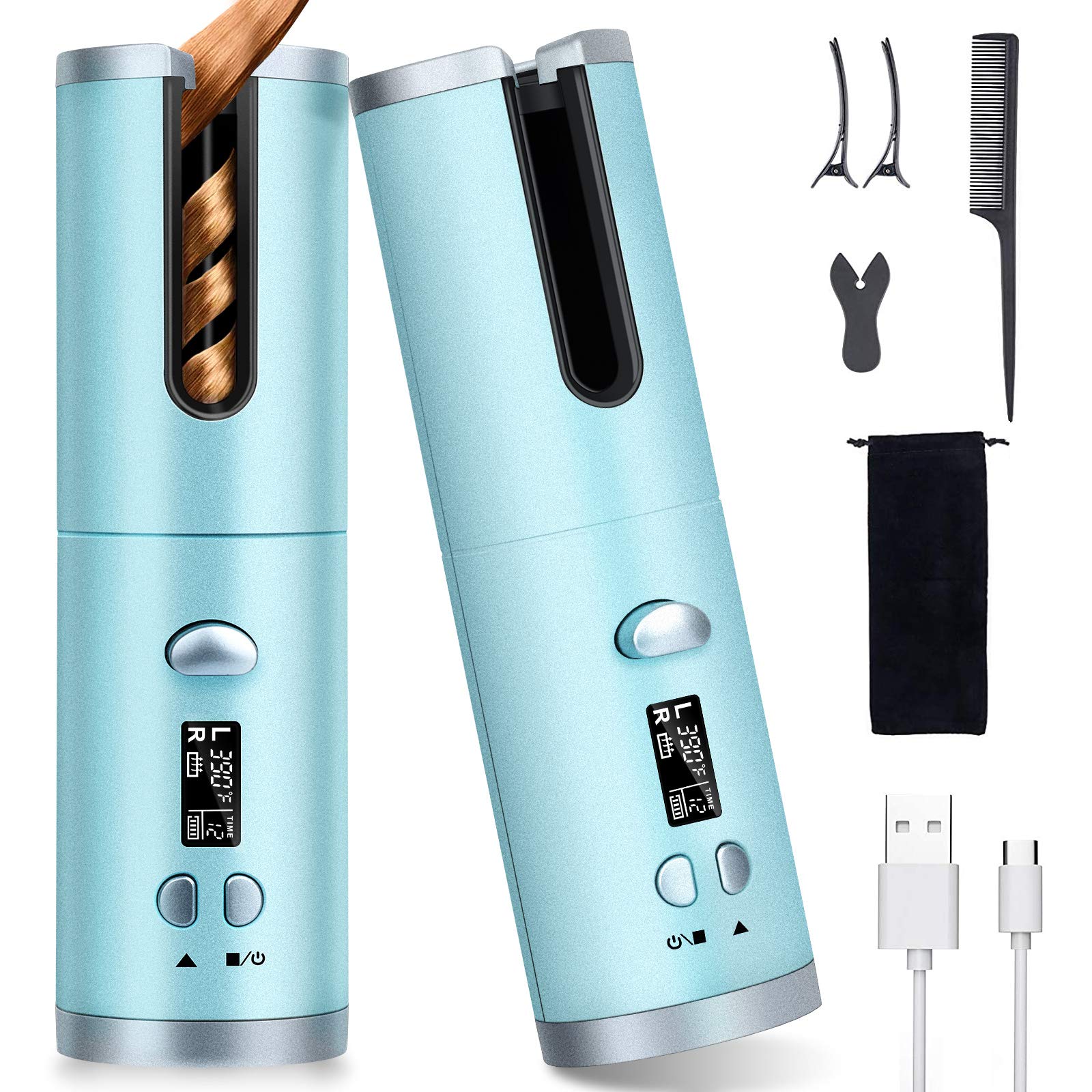 AURUZA Unbound Cordless Automatic Hair Curler, Anti-Tangle Wireless Auto Curling Iron Wand,Portable USB Rechargeable Spin Curler Ceramic Barrel Rotating for Long Hair,Fast Heating for Hair Styling