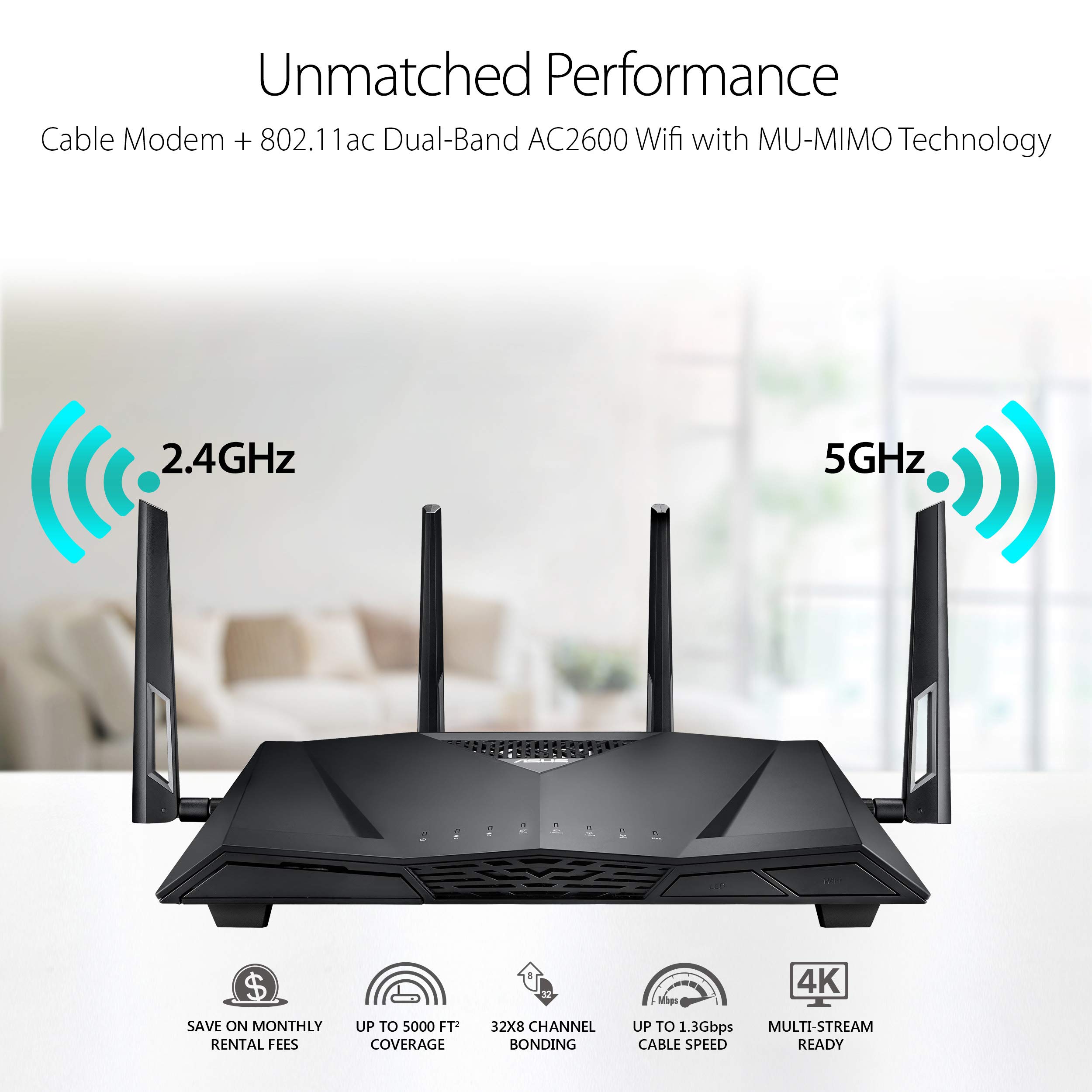 ASUS Modem Router Combo - All-in-One DOCSIS 3.0 32x8 Cable Modem + Dual-Band Wireless AC2600 WIFI Gigabit Router – Certified by Comcast Xfinity, Spectrum, Time Warner Cable, Charter, and Cox