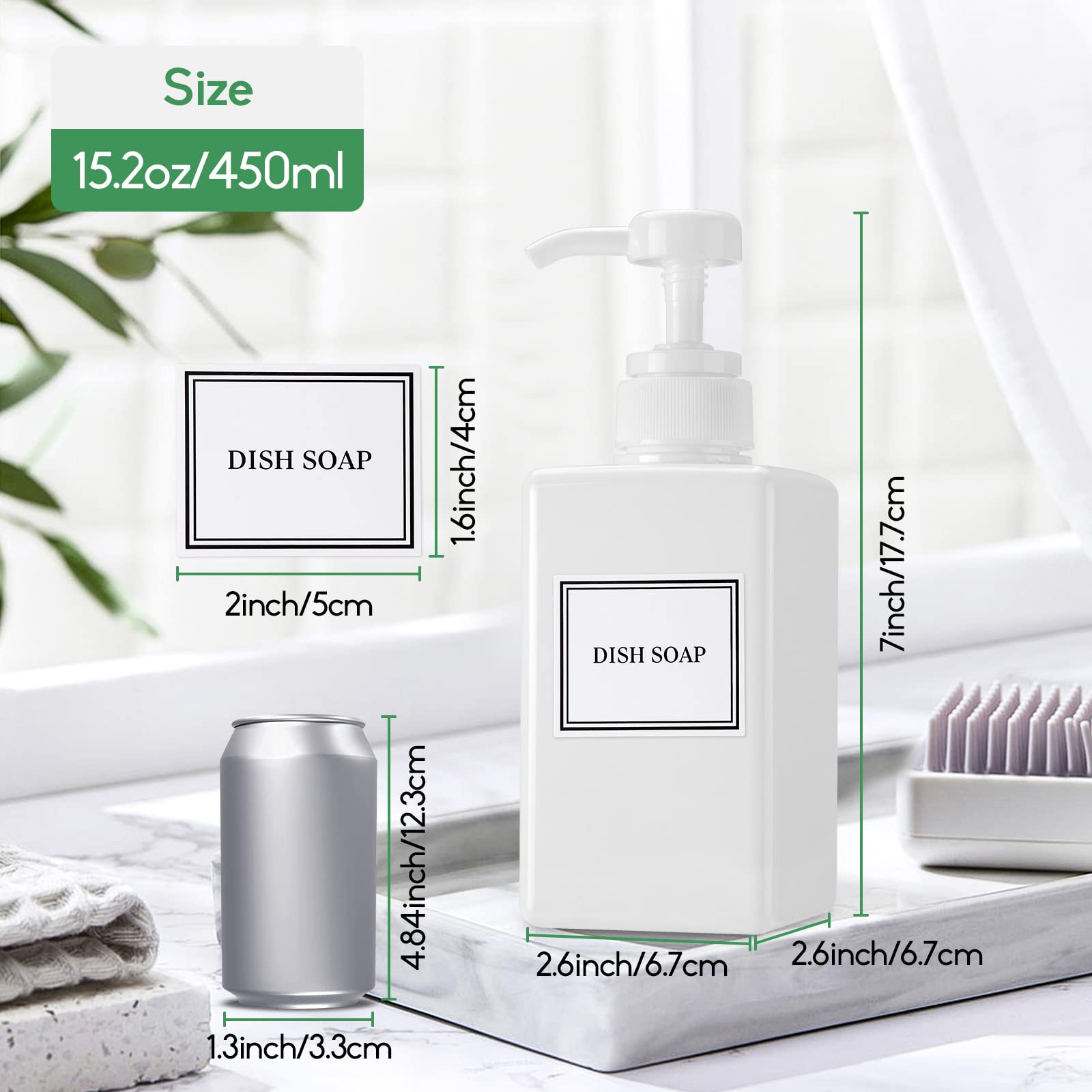 15oz Pump Dispenser for Bathroom, INSFIT Refillable Plastic Pump Bottles, Dish Soap Dispenser for Kitchen Sink, Hand Soap Dispenser, Laundry Detergent Dispenser with Waterproof Labels, 2 Pack White