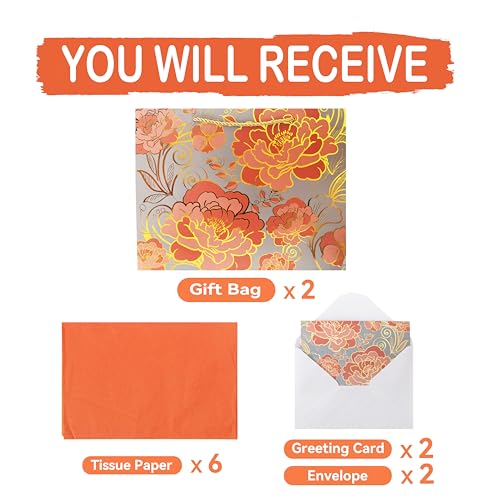 2 Pack 13" Large Rose Gold Gift Bag Set with Greeting Card and Orange Tissue Paper for celebrating birthdays,weddings,anniversaries,Mother's Day,and more-13"x10.1"x5.2”,2 Pcs.