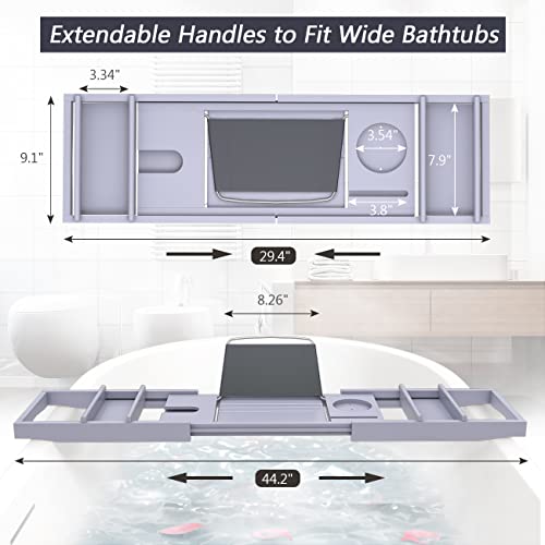 Domax Bathtub Caddy Tray Expandable Bamboo Tub Tray for Luxury Bath with Book Holder and Free Soap Dish (Gray, 29.4"-44.2"x 9.1"x1.65")