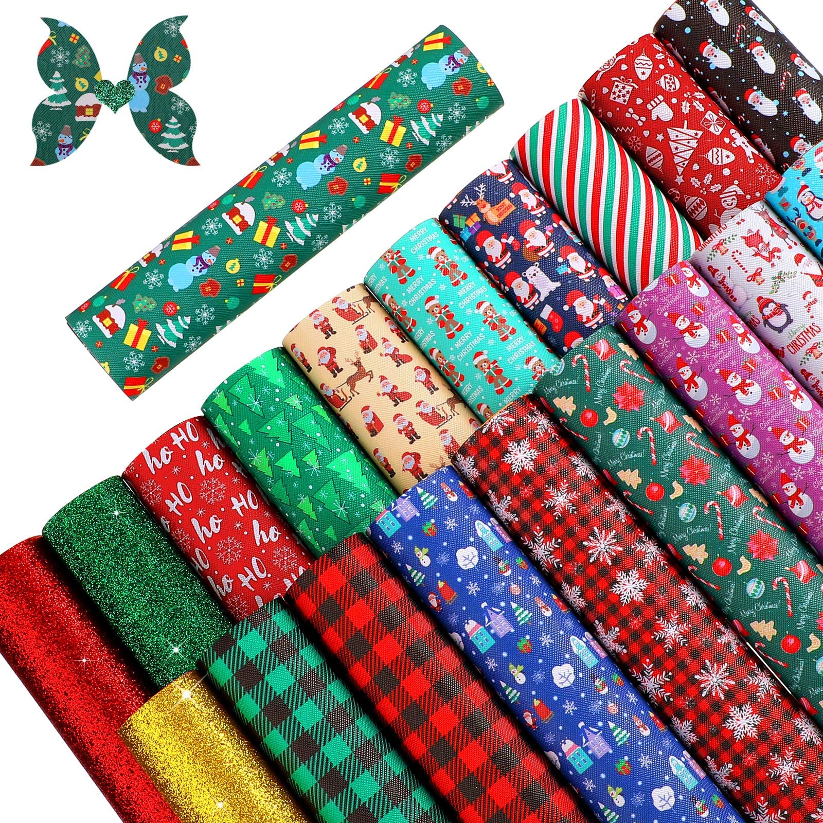 20 Pieces Christmas Faux Leather Sheets Christmas Theme Printed Synthetic Leather Sheet Glitter Faux Leather Fabric Sheet Santa Claus Faux Leather Sheet for DIY Christmas Craft Making, 8.3 x 6.3 Inch