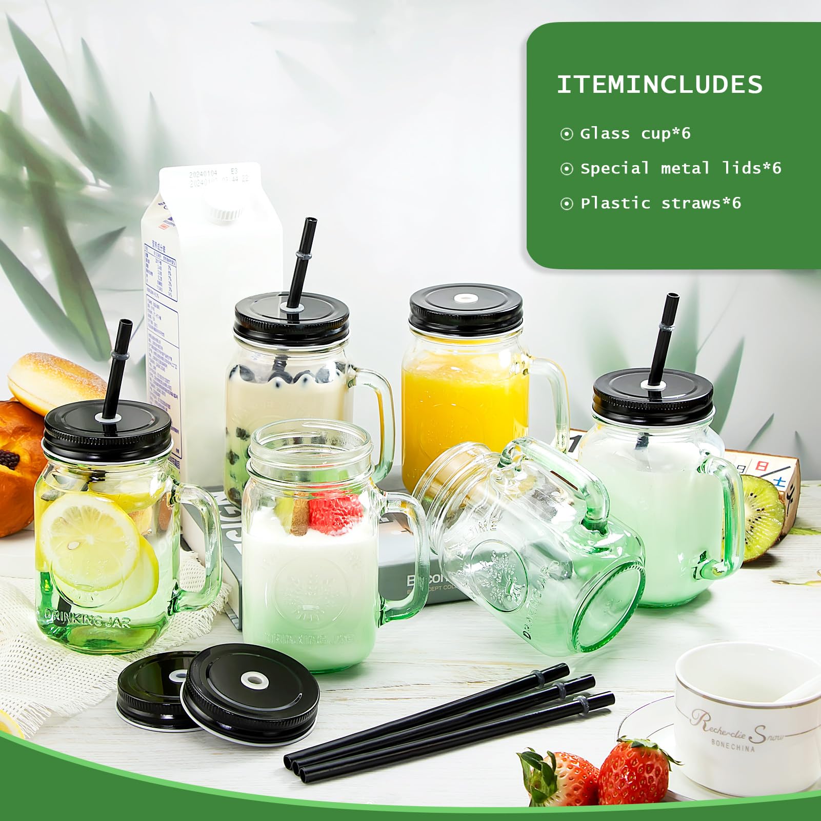 16 OZ Mason Jars with Lids and Straws,Glass Mugs with Handle Set of 4/6 Drinking Glasses,Large Wide Mason Jars Cup Set (Green, 6)