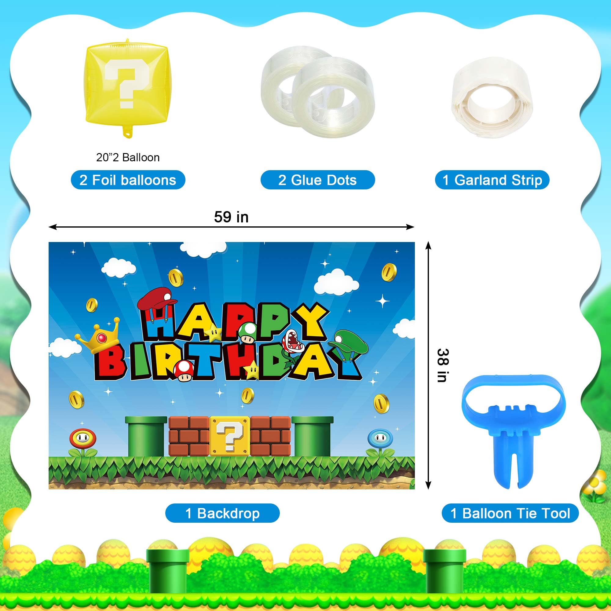 122pc Game Birthday Party Supplies Super Bros Birthday Decorations Party Decorations Include Backdrop, Latex Balloons, Foil Balloons for Boys Girls Game Theme Party