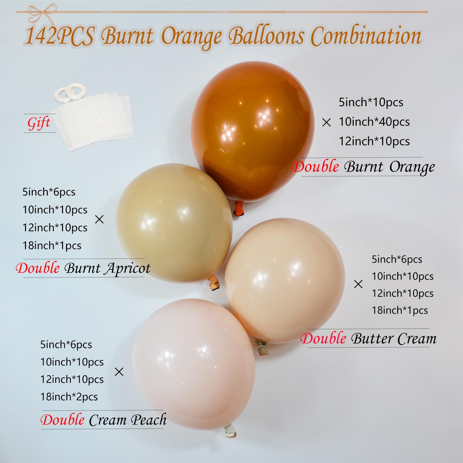 142Pcs Double-Stuffed Burnt Orange Balloon Garland Arch Kit Rust Balloon Fall Balloon Garland Double Layer Matte Cream Peach Apricot Balloons Set for Wedding Birthday Baby Shower Party Decoration