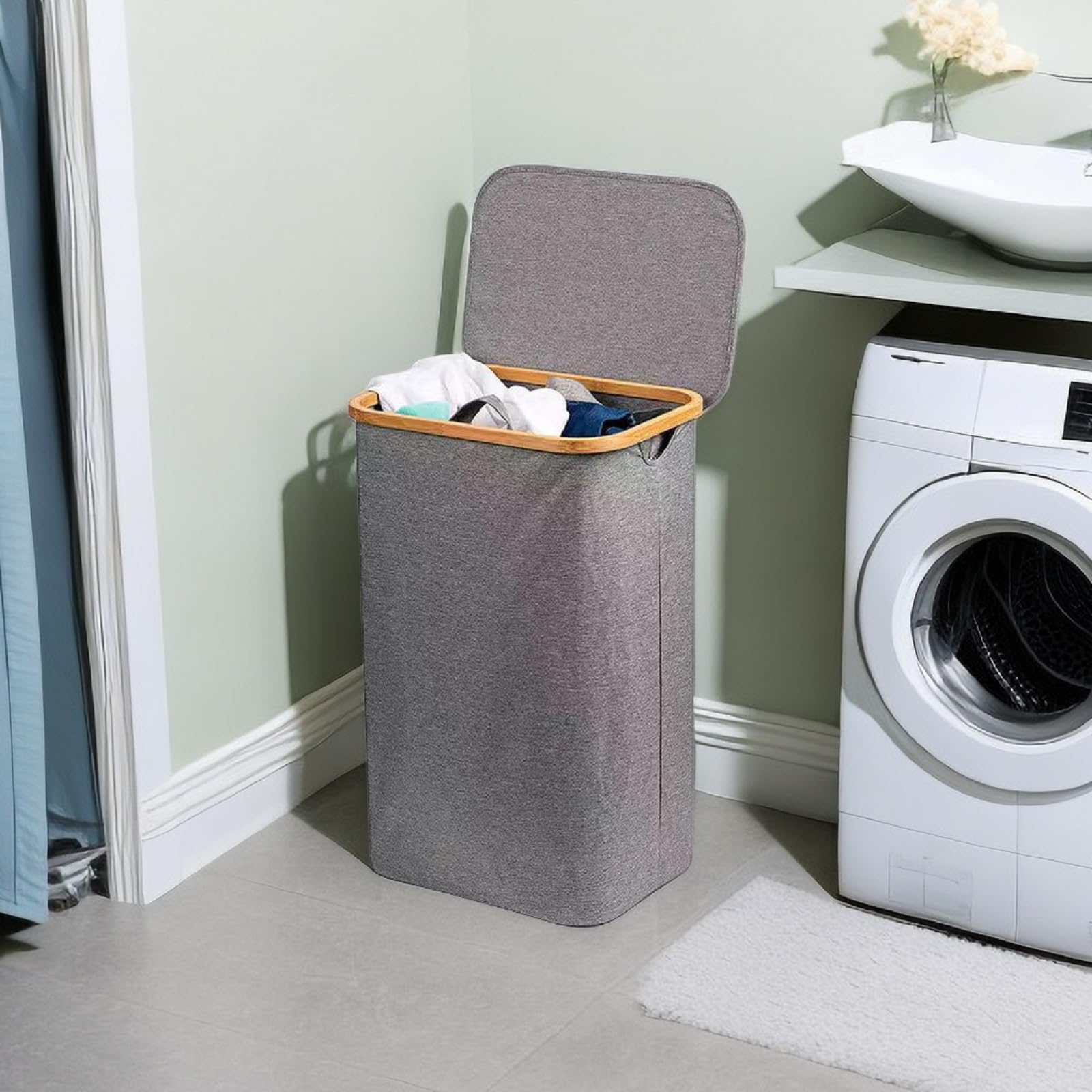 100L Laundry Basket with Lid,Portable with Handle, Detachable inner Bag, Clothes Hamper with Bamboo Handles for Clothes Toys in Dorm Bedroom Bathroom -Foldable Laundry Hamper,Gray