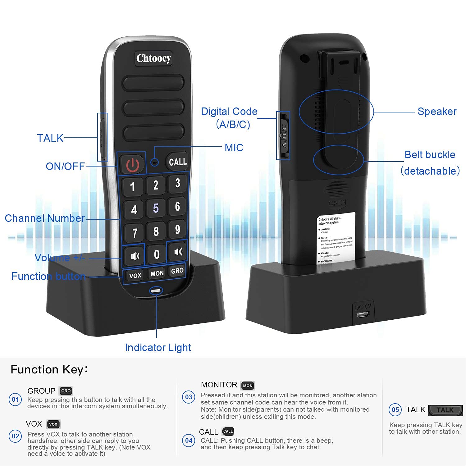 Chtoocy Rechargeable Intercoms Wireless for Home 1 Mile Range 10 Channel, Handheld Wireless Intercom System for Home Business Office, Home Room to Room Communication System (2 Packs, Black)