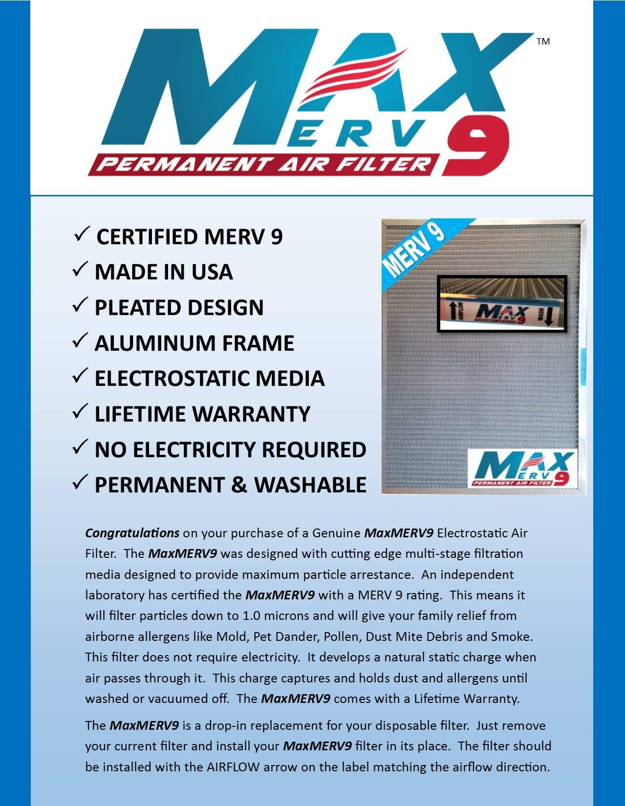 20x25x1 ALLERGY MAGNET WASHABLE FILTER - Highest MERV Rating in Permanent Electrostatic Furnace A/C Filters - Lifetime Warranty