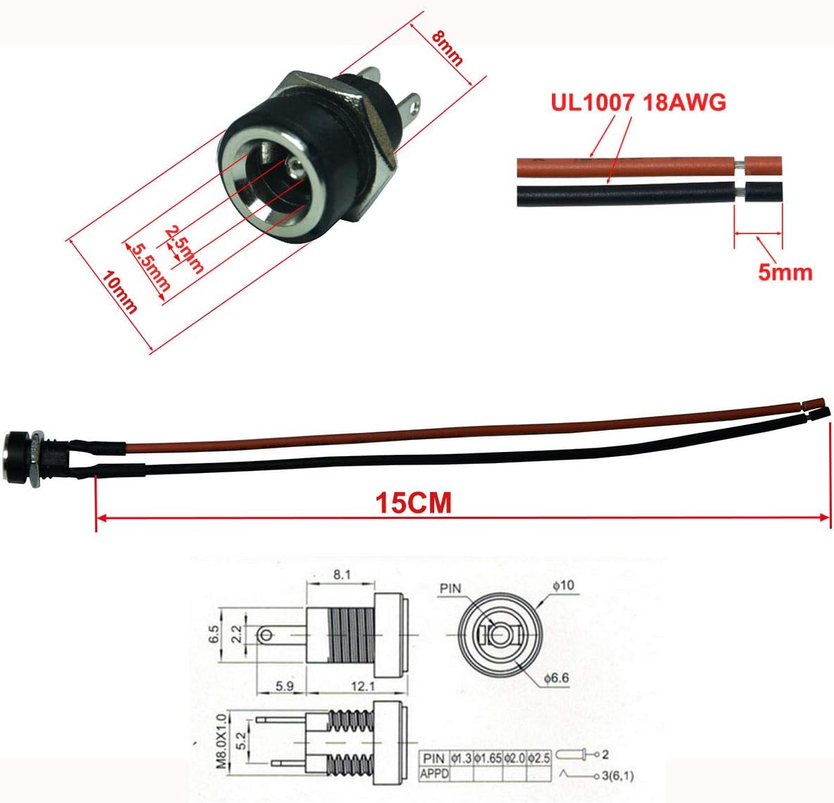 5Pcs 5.5mm x 2.1mm DC Power Supply Jack Socket Female Panel Mount Connection,dc-022B dc Jack with Wires